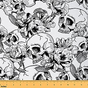Erosebridal Sugar Skull Upholstery Fabric, Retro Floral Fabric by The Yard, Halloween Gothic Theme Decorative Fabric, Hand Drawn Skeleton Bones Waterproof Fabric, Black White, 1 Yard