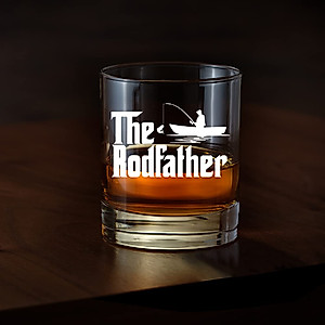 AGMdesign The Rodfather Whiskey Glass, Funny Fishing Rod Father, Father’s Day for Dad Grandpa, Birthday Gift for Men, Gift for Fishing Lovers
