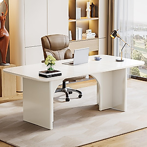 Tribesigns 62.99" Large Desk, Modern Home Office Computer Desk for 1-2 Person, Minimalist Double PC Writing Table Study Desk Executive Desk with Arch Design Legs, Cream White