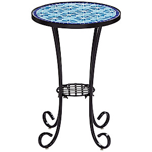 Teal Island Designs Blue Star Modern Black Metal Round Outdoor Accent Side Table 14" Wide with Lower Shelf Mosaic Tabletop Gracefully Curved Legs for Porch Patio Home House Balcony Spaces Deck