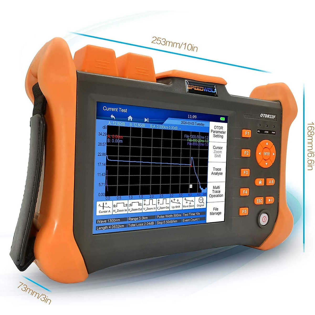 SPEEDWOLF 850/1300nm 24/22dB Multimode OTDR 5.6inch Touch Screen FTTH Fiber Optic Cable Tester with Visual Fault Locator(VFL) and FC+SC+FC/UPC(Male)-LC(UPC+APC)(Female) Adapter(OTDR32F-T1-MD-1)