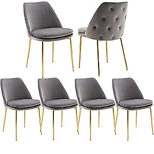 QUINJAY Modern Accent Dining Chairs Set of 6, Velvet Upholstered Dining Room Chairs Tufted Back Armless Side Chairs Vanity Chairs with Gold Legs for Kitchen Living Room Bedroom Grey