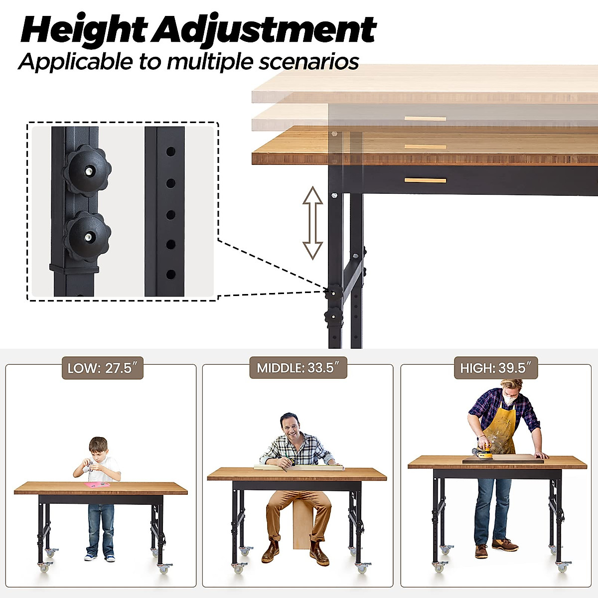 60" Height Adjustable Work Bench Table with Storage, Drawers, Wheels, Power Outlet - Heavy-Duty Garage Work Benches, 2700 LBS Load Capacity Wood Top Workbench for Workshop, Office, Home