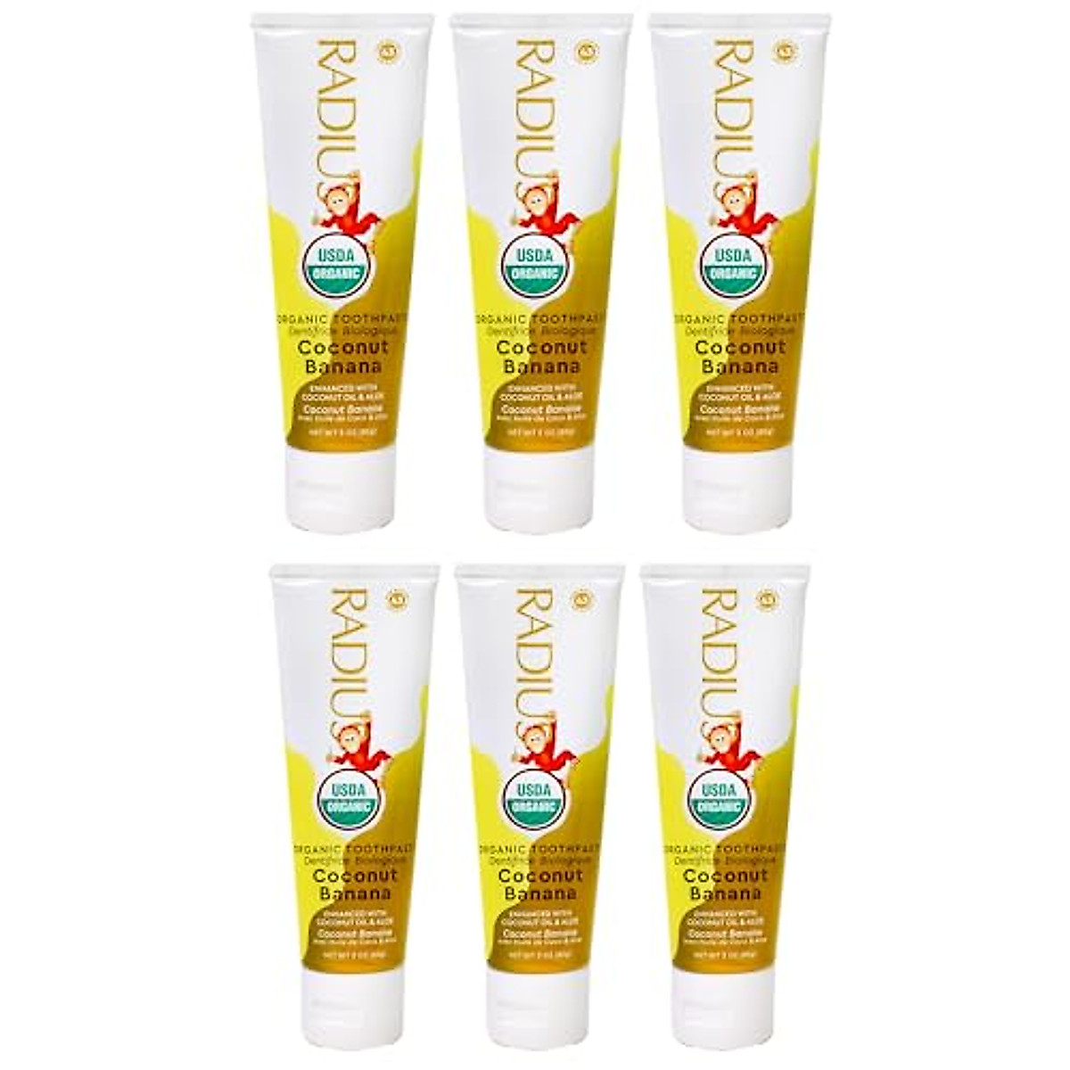 RADIUS USDA Organic Kids Toothpaste 3oz Non Toxic Chemical-Free Gluten-Free Designed to Improve Gum Health for Children's 6 Months and Up - Coconut Banana - Pack of 6