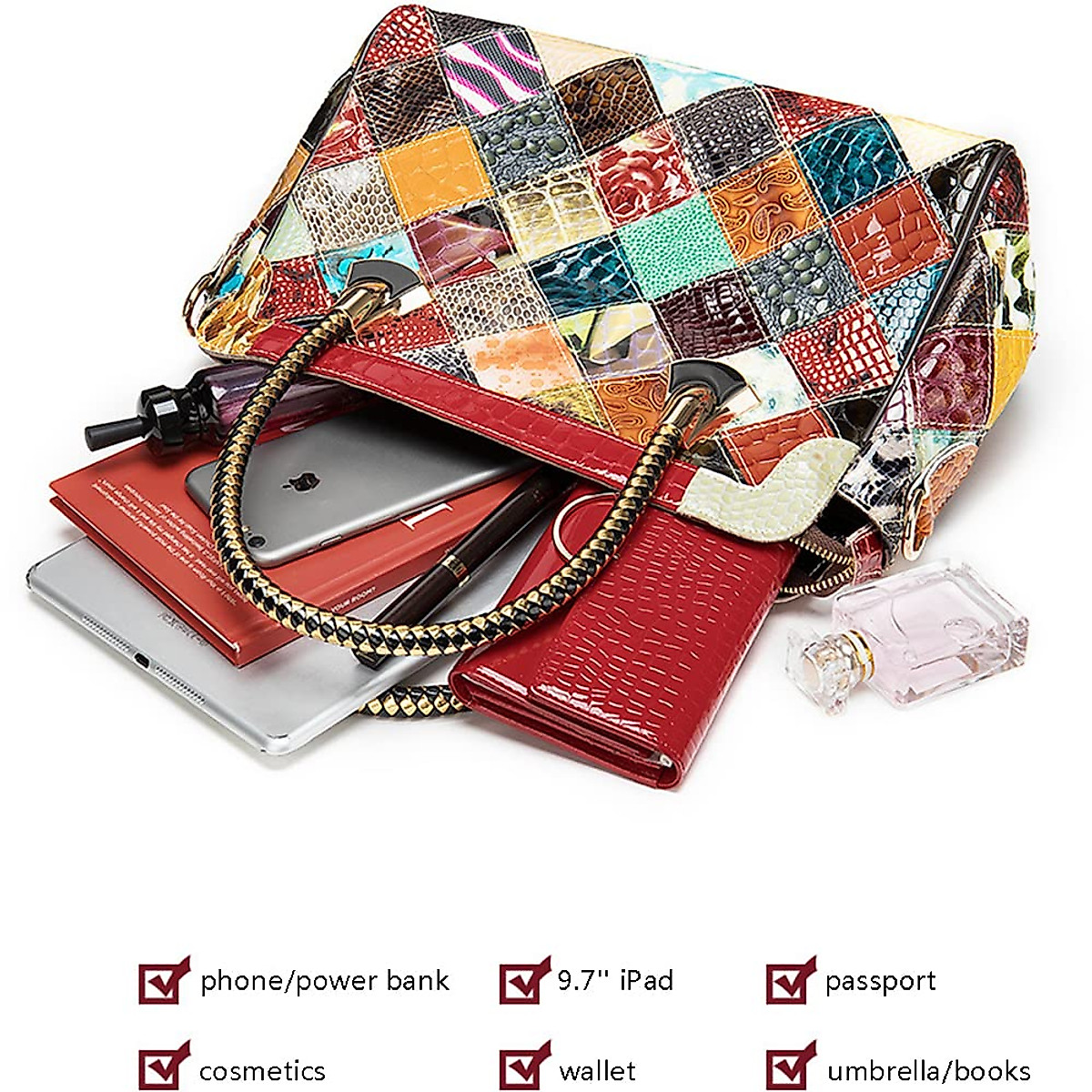 Segater Women Retro Leather Handbag Multicolor Cowhide Shoulder Purse Random Colorful Splicing Top-handle Satchels