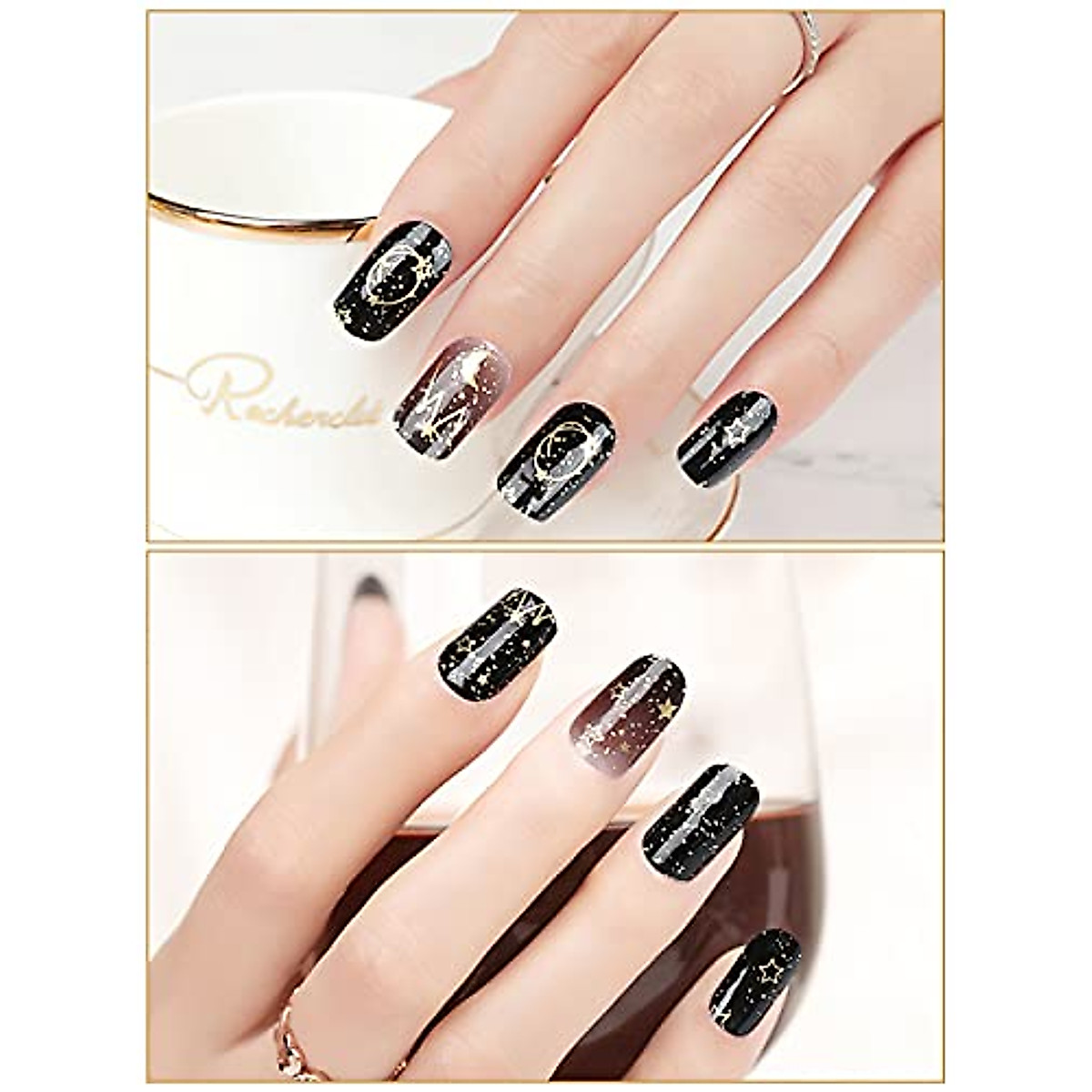 Semi Cured Gel Nail Strips, TOROKOM 20 Stickers Black Star Moon Gel Nail Polish Stickers Wraps Adhesive Gel Nail Stickers with Nail File Stick and Sealing Strip (UV/LED Lamp Required)