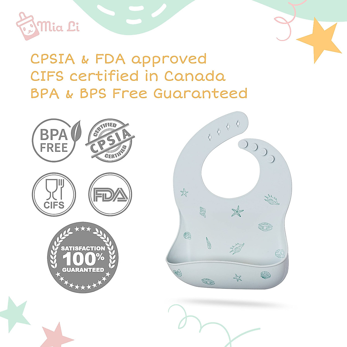 Mia Li Silicone Bibs – 3pcs Waterproof Silicone Bib Set – Silicone Baby Bibs for Girls and Boys - Baby Bib Pocket with Adjustable Closure – Non-Messy Toddler Bib (Seashells - Cloud, Sage & Stone)