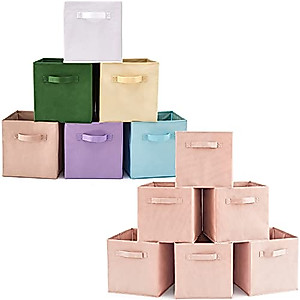 EZOWare Set of 12 Foldable Basket Bin Collapsible Storage Cube for Nursery, Kids Toys Organizer, Shelf Cabinet - (Pale Dogwood + Assorted Color)
