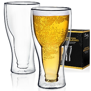Dragon Glassware Beer Glasses - 13.5 oz Clear Double Wall Insulated Beer Glass Set of 2 - Upside Down Design - Holds One Full Bottle - Freezer Safe