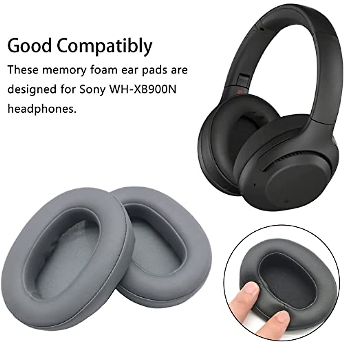 WH-XB900N Replacement Ear Pads Potein Leather Earpads Cover Quite-Comfort Sponge Ear Cushion Pad Earmuff Repair Parts Compatible with WH-XB900N On-Ear Headphone(Grey
