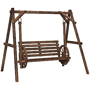 Outsunny 2-Seat Porch Swing with A-Frame Stand, Wooden Log Patio Swing Chair Bench with Wagon Shaped Armrests for Garden, Poolside, Backyard, Carbonized Brown