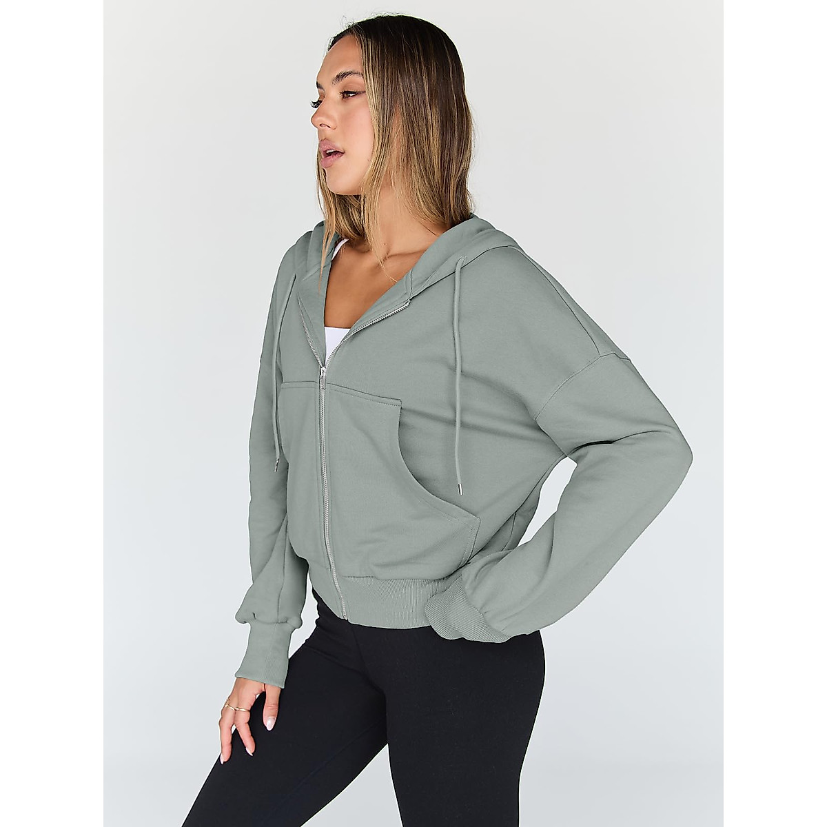 Trendy Queen Hoodies for Women Full Zip Up Cropped Sweatshirts Jackets Casual Comfy Gym Tops Fall Outfits Winter Clothes 2025 LightGreen M