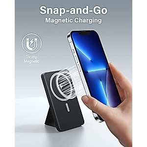 Fokimdo Magnetic Wireless Power Bank, Ultra-Thin 5000mAh Portable Charger Power Bank with Foldable Stand, Mag-Safe Battery Pack 5V/3A USB-C Output Input for iPhone 14/13/12 Series