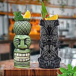 Tiki Mugs Cocktail Set of 4 - Large Ceramic Hawaiian Party Mugs Drinkware, Cute Exotic Cocktail Glasses, Tiki Bar Professional Hawaiian Party Barware, TKSET0012 (4 pack)