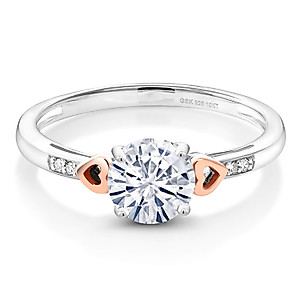 Gem Stone King 925 Silver and 10K Rose Gold Forever Classic Moissanite From Charles & Colvard and Diamond Solitaire Engagement Ring For Women (1.03 Ct, Round 6.5MM, Available in Size 5-9)