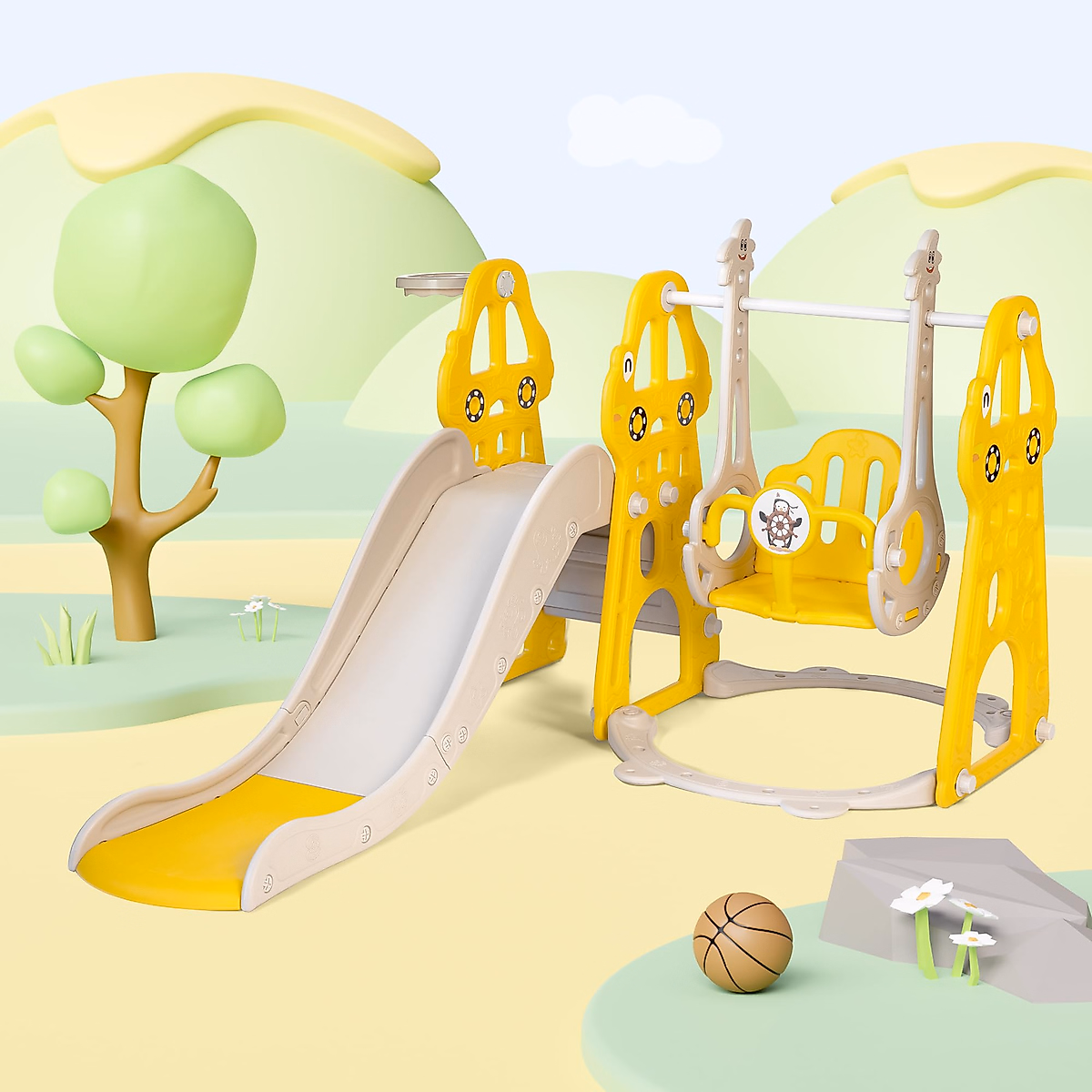 4-in-1 Toddler Slide and Swing Set with Extra Large Playground, Basketball Hoop & Climber, Indoor/Outdoor Playset, Taxi Collection – Yellow