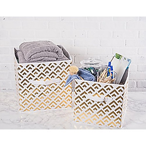 DII Non Woven Polyester Metallic Diamond Storage Bin, Large Set of 2, White / Gold