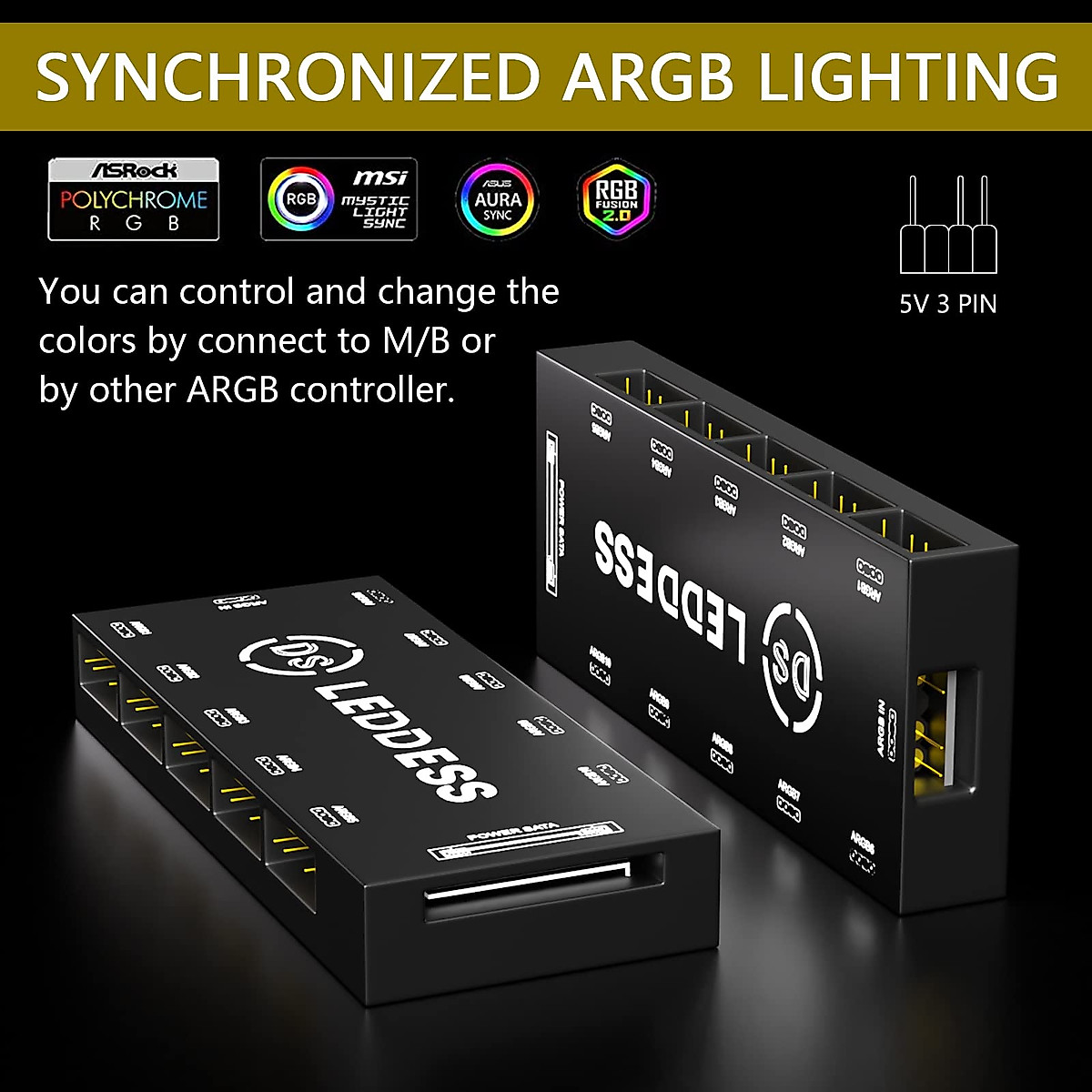 DS leddess Connector 11 Port ARGB Splitter Hub for LED Fans and Lights, SATA Power 1 to 10 ARGB Extension Cords, 5V ARGB Motherboard Sync(B Series)