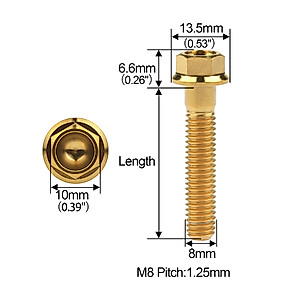Yaruijia Titanium Bolt M8x15 20 25 30 35 40 45 50 55 60 65mm Small Flange Hex Head Screws for Motorcycles Parts Pitch 1.25mm Pack of 6 (M8x15mm, Gold)