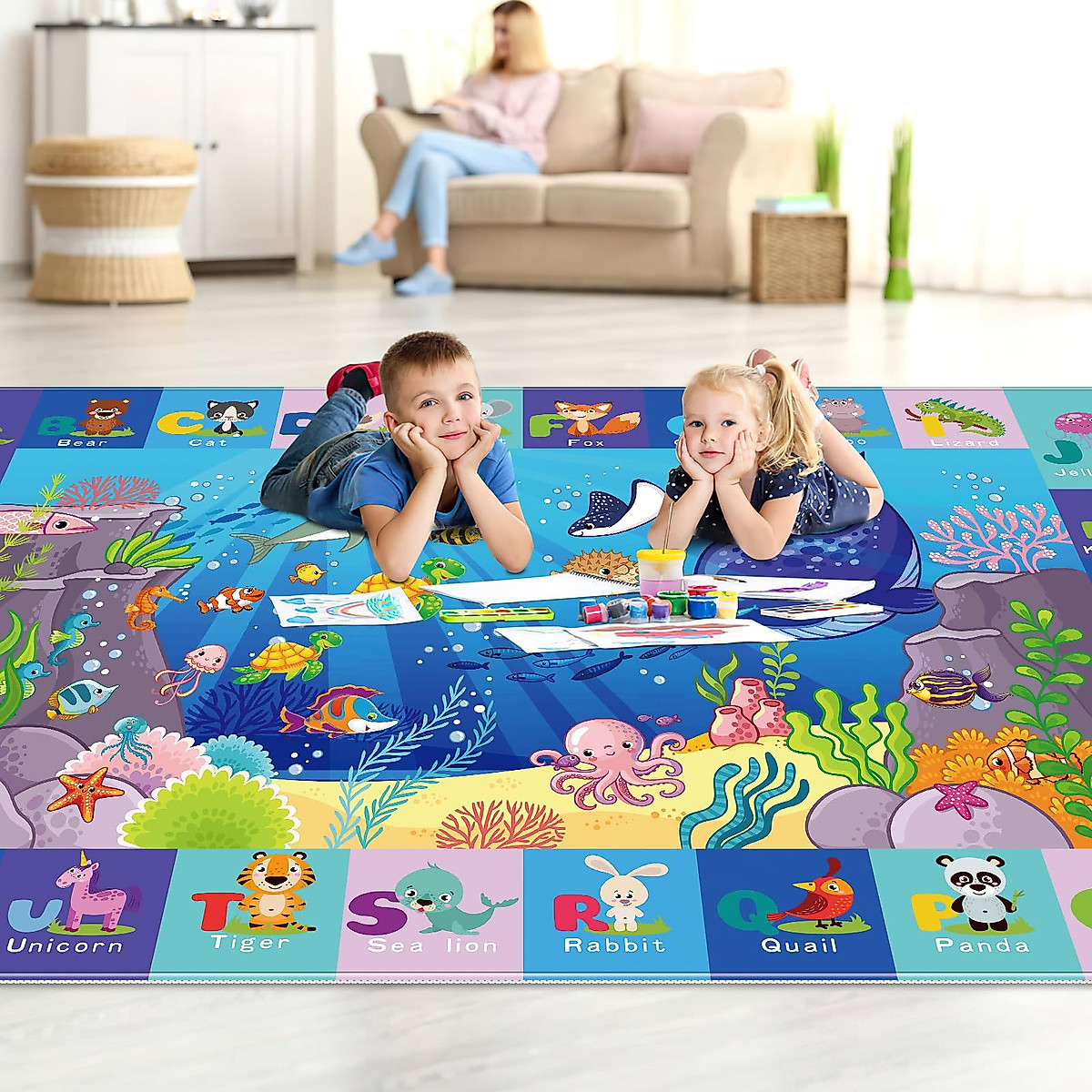 LTKOUGFAM Kids Play Rug, Animals Print Baby Mat for Floor, Kids Rug for Playroom, ABC Educational Rug, Non-Toxic Soft Baby Crawling Mat, Tummy Time Mat, Nursery Rugs (Blue, 78.7X59 INCH)
