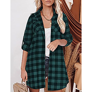 HOTOUCH Boyfriend Style Shirts Oversized Flannel Long Plaid Tops Tunics Green-Black Large