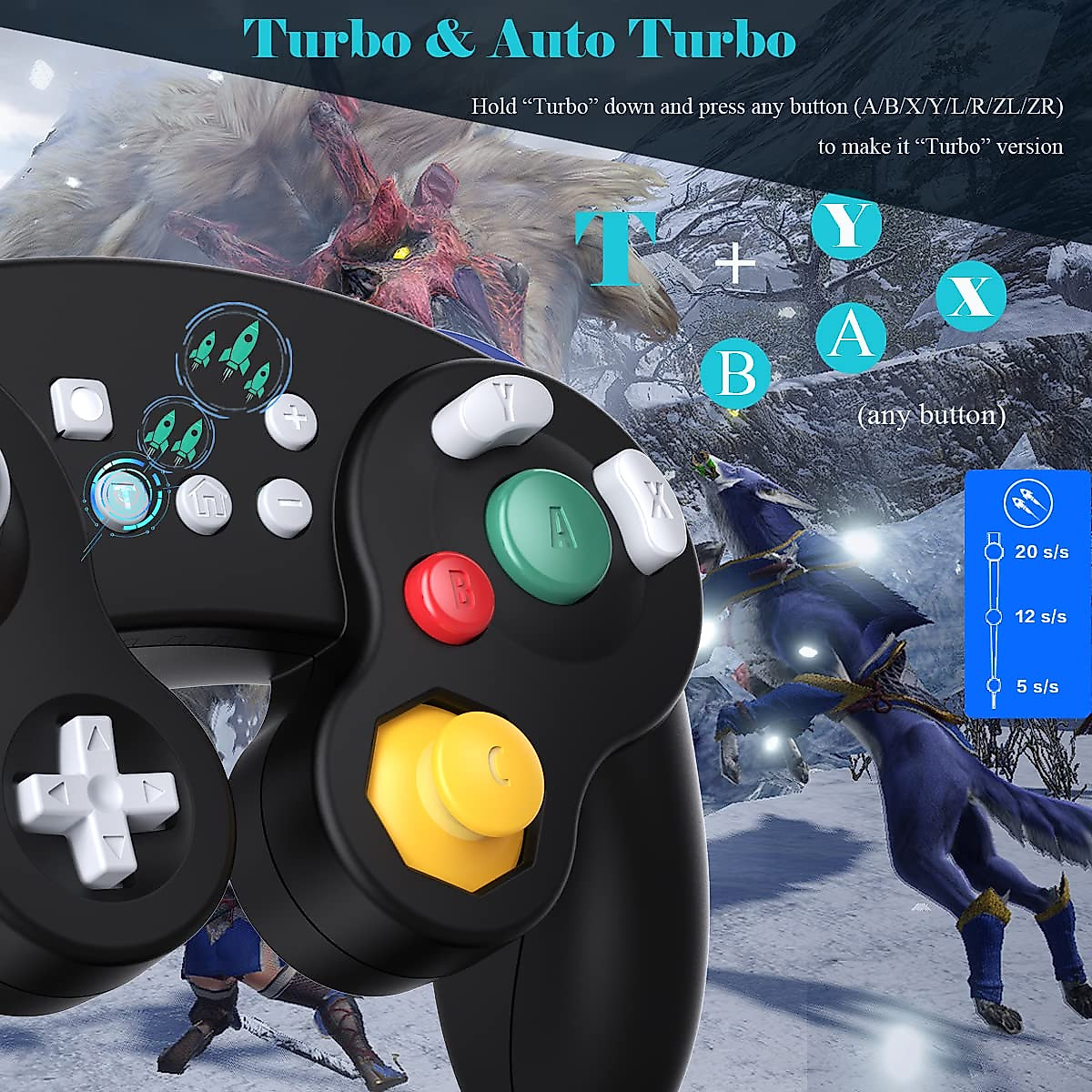 EXLENE Gamecube Controller Switch, Wireless Switch Pro Controller for Nintendo Switch/Lite/PC/Android/iOS/Steam, Support Wake Up, Motion, Adjustable Rumble, Turbo & Auto Turbo (Upgraded, Black)