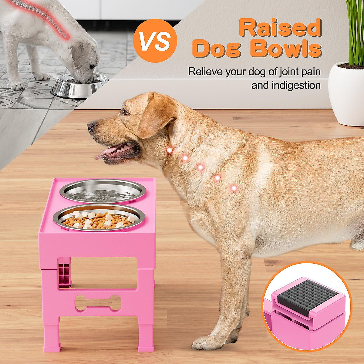 LAKIPETN Elevated Dog Bowls with 2 Stainless Steel Dog Food Bowls 5 Height Adjustable Raised Dog Bowl Stand Non-Slip Dog Feeder Adjusts to 3.1”, 9”, 10”, 11”, 12” for Medium Large Dogs - Pink