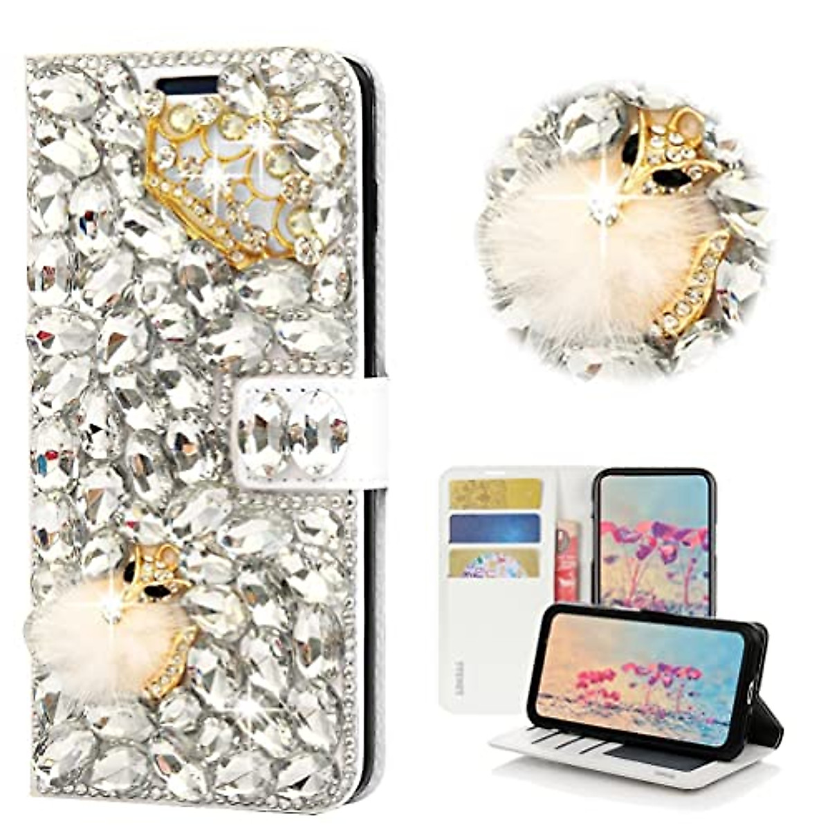 STENES Bling Wallet Phone Case Compatible with Samsung Galaxy Note 10 - Stylish - 3D Handmade Crystal Crown Fox Magnetic Wallet Leather Cover Case - White