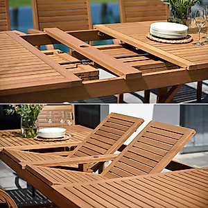 Amazonia Trentino 9 Piece Extendable Patio Dining Set Table and Sling Black Chairs| Durable, Quick Dry Ideal for Outdoors, Light Brown-Teak Finish