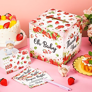 Jetec 50 Pcs Sweet Strawberry Diaper Raffle Tickets with Diaper Raffle Box Strawberry Baby Shower Decoration Diaper Raffle Game Kit Baby Shower Holder Box for Girl Gender Reveal Party Favor Supply