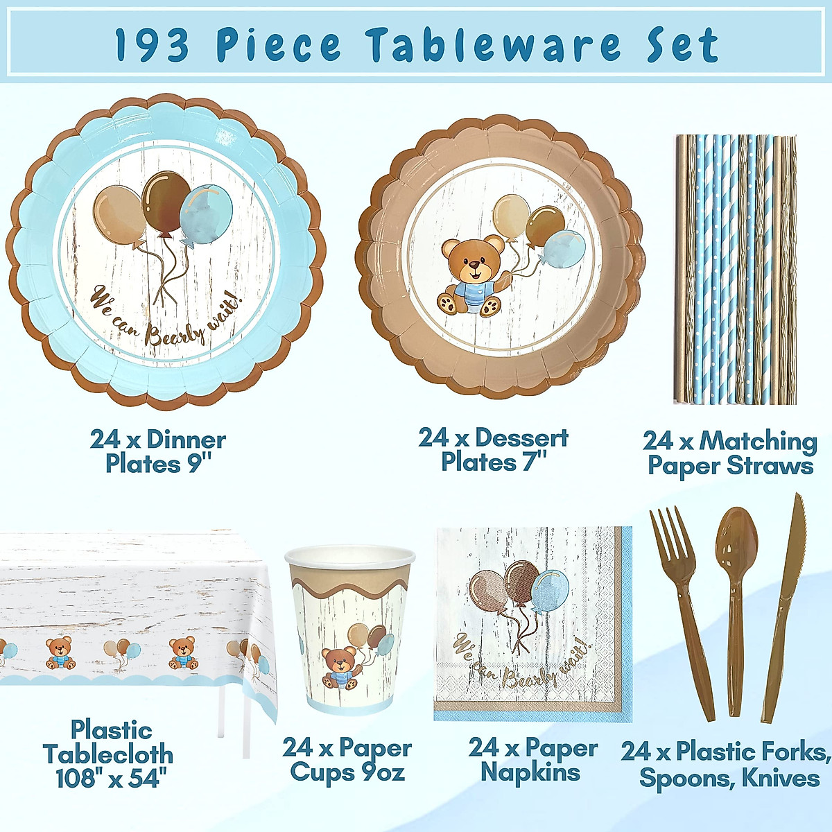 193 Pc Teddy Bear Baby Shower Decorations Tableware - We Can Bearly Wait Teddy Bear Plates, Cups, Napkins, Tablecloth, Straws, Cutlery - Serves 24