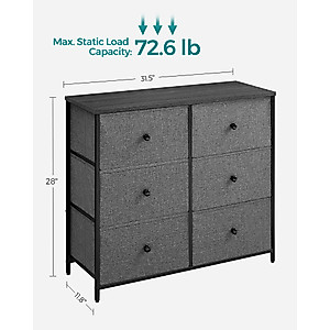 SONGMICS Dresser for Bedroom, Chest of Drawers, 6 Drawer Dresser, Closet Fabric Dresser with Metal Frame, Gray and Black with Wood Grain ULTS323G22, 11.8”D x 31.5”W x 27.1”H