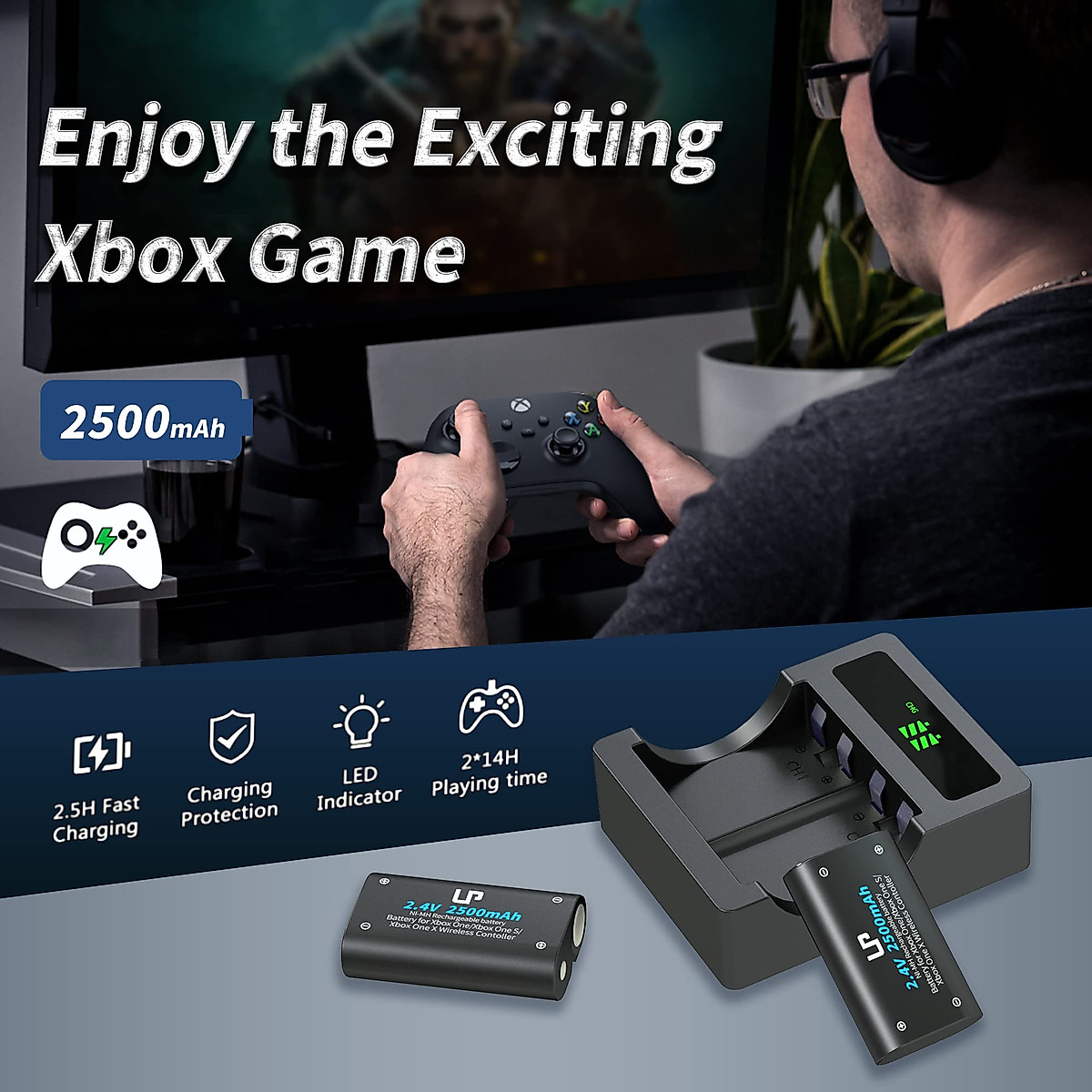LP Xbox Controller Battery Charger Pack, 2 x 2500mAh Rechargeable Batteries with Charger Station for Xbox Series X|S, Xbox One S/One X/One Elite Controllers with LCD Dual Charger