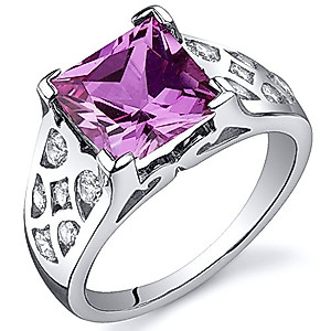 PEORA Created Pink Sapphire Ring for Women in Sterling Silver, Vintage Lattice Design, Princess Cut 3.25 Carats total, Comfort Fit, Size 8