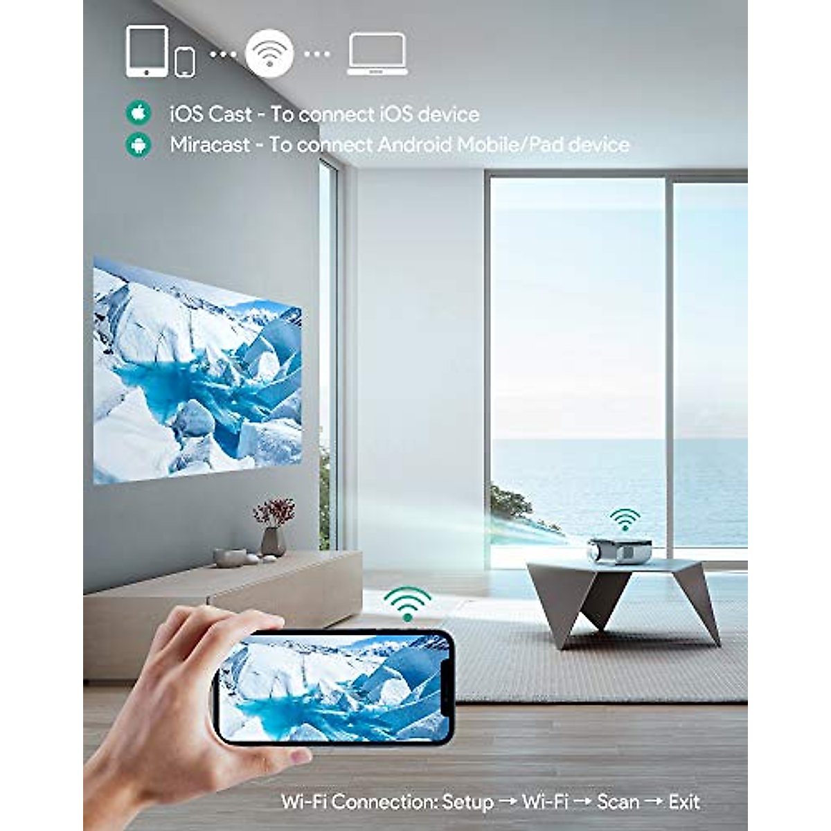 Wireless Wi-Fi Mini Projector, Portable LED Projector with 720p HD Resolution and 1080p FHD Support, 5500 Lux Brightness, Smartphone Screen Sync, Compatible with Laptops, TV Sticks, PS4, HDMI, AV, USB