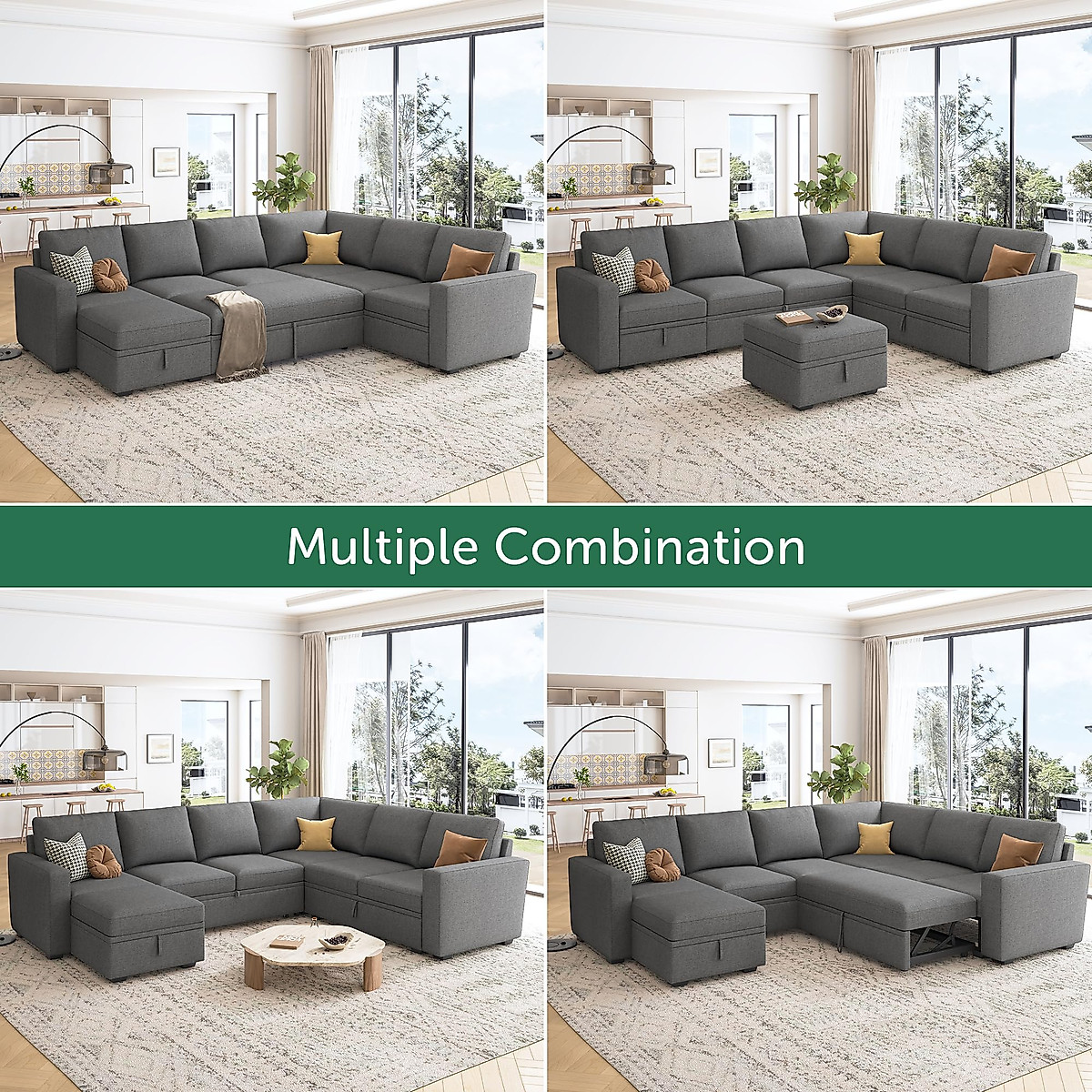 HONBAY Modular Sectional Sleeper Sofa with Pull Out Bed, U Shaped Sectional Couch with Storage Ottoman Convertible 7-Seater Sofa, Dark Grey