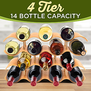 SereneLife Bamboo Wine Rack-4 Tier Countertop Shelf with Slots That Holds 14 Bottles, Unique Stackable Wooden Holder, Save Space for Cabinet, Kitchen and Pantry, Modern Contemporary Wave Design