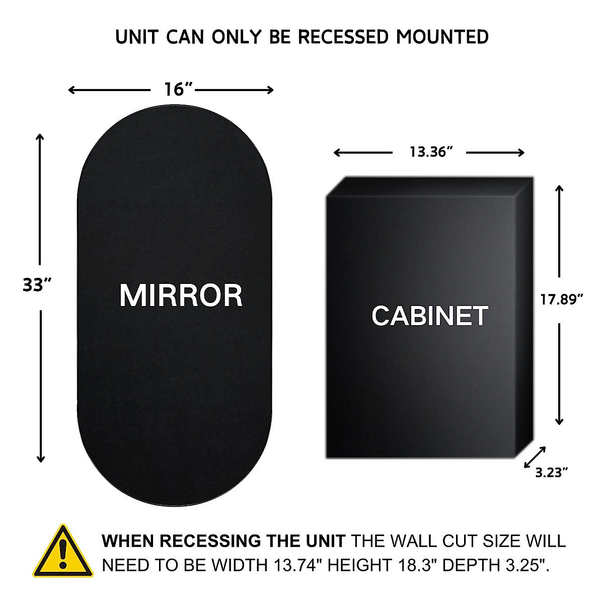 EGHOME Matte Black Oval Recessed Bathroom Medicine Cabinet with Mirror Stainless Steel Metal Framed Oblong Pill Shaped Bathroom Cabinet with Mirror 16x33''