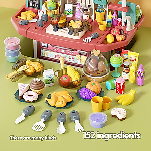 BeiBeGood Play Kitchen- Kitchen Playset Pretend Food - Toy Accessories Set w/Noodle Machine, Ice Machine, Cooking Stove with Steam, 88 PCS for Toddlers Kids 43 inch, Girls & Boys-Pink（3-5 Years）, Red