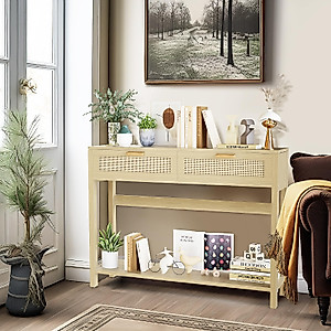 AWQM Rattan Console Table, Narrow Long Entryway Table with 2 Drawer, Modern Sofa Table with Open Shelf, Hallway Table for Living Room, Foyer, Bedroom, Oak