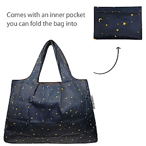 allydrew Large & Small Foldable Tote Nylon Reusable Grocery Bags, Set of 2, Moon & Stars