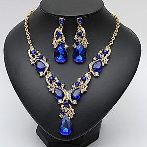 CSY Luxury Austrian Crystal Necklace Earrings Rhinestone Bridal Wedding Party Costume Jewelry Sets for Brides Bridesmaids Women (Royal Blue-Gold Tone)