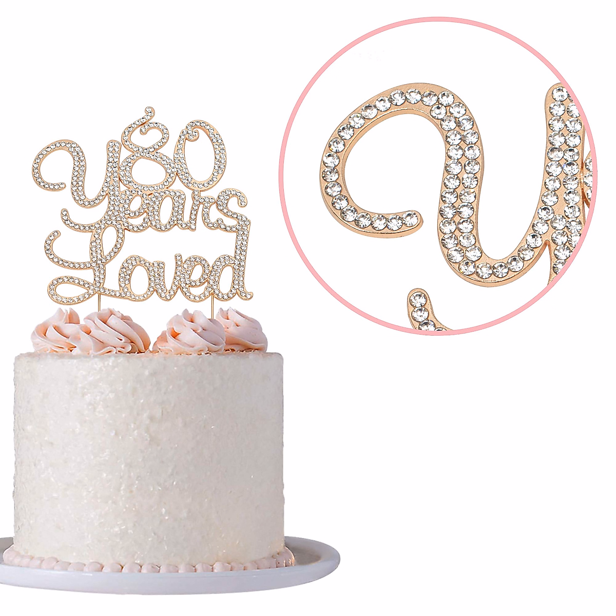 80 Cake Topper - Premium Rose Gold Metal - 80 Years Loved - 80th Birthday Party Sparkly Rhinestone Decoration Makes a Great Centerpiece - Now Protected in a Box