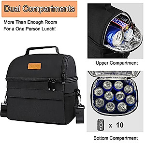 Naukay Dual Compartment Lunch Bag, Lunch Box for Women Men, Reusable Insulated Lunch Bags Cooler Tote Box with Adjustable Shoulder Strap for Office Work Picnic Hiking Beach Party Fishing- Black
