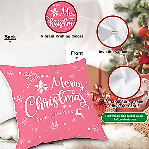 Lanpn White and Pink Christmas Throw Pillow Covers 14x14 Set of 4, 14 inch Decorative Xmas Cushion Covers Pillow Cases 14 x 14 for Home Bedroom Room Holiday Couch Decor Decorations
