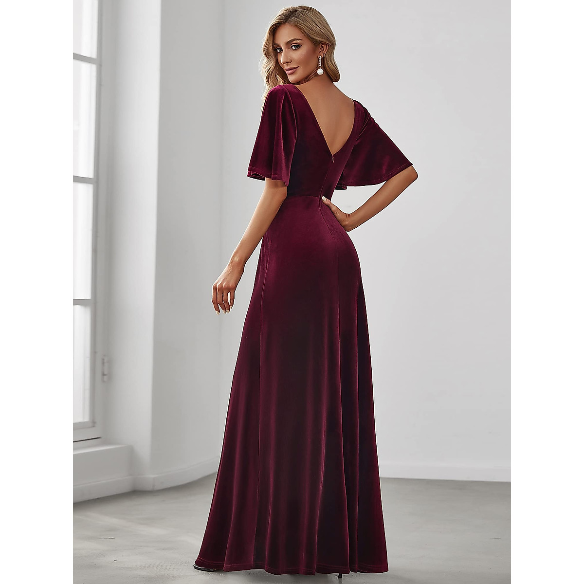 Ever-Pretty Women's Retro Evening Gown A Line V-Neck Wrap Velvet Long Formal Dresses Burgundy US6