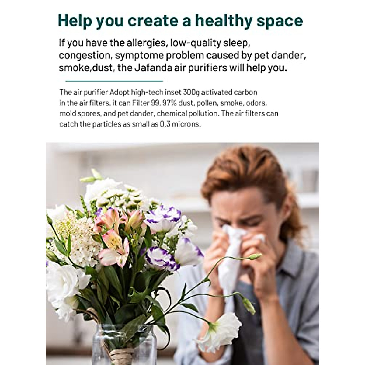 Jafända Air Purifiers for Allergies Home Large Room 1190ft² H13 True HEPA Filter, Dimmable Night Light and Activated Carbon Remove 99.97% Dust Smoke Odor Pollen Pets Hair Dander,Quiet Sleep Mode 23dB