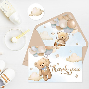 Whaline 24Pcs Bear Thank You Cards Watercolor Bear Balloon Greeting Cards with Envelope Stickers Cartoon Blank Note Cards for Birthday Wedding Baby Shower Party Supplies, 4 x 6 Inch