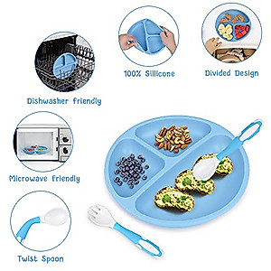 Vicloon Toddler Plates, 2 Pcs Silicone Baby Plates, BPA Free Suction Plates with 2 Pcs Baby Bendable Spoons, Suction Plate Feature, Divided Plate Design,Toddler Plate Microwave & Dishwasher Safe