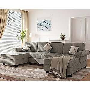 Ucloveria Sofas & Couches, Modern U-Shaped Sectional Sofa with Sleeper Sofa Bed and Double Storage Spaces, 3 Pillows Included, Reversible Chaise for Living Room Furniture Sets, Gray